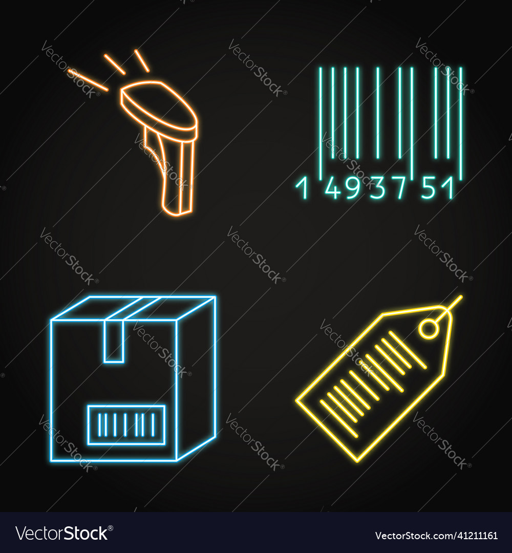 Neon barcode tags and scanner icon set Royalty Free Vector