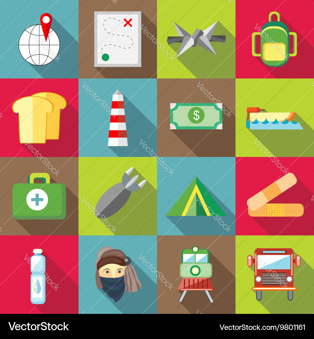 Refugee icons set flat style Royalty Free Vector Image