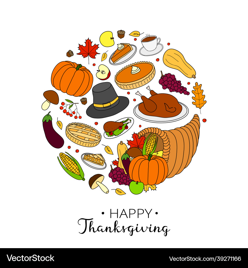 Hand drawn thanksgiving items in circle Royalty Free Vector