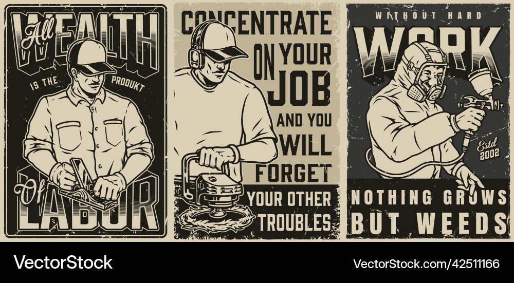 Labourers posters set with motivational words Vector Image