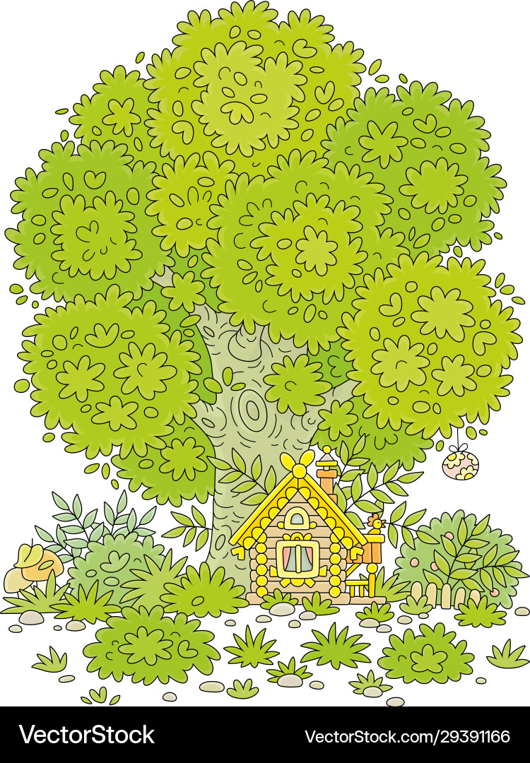 Small wooden house under a big tree Royalty Free Vector