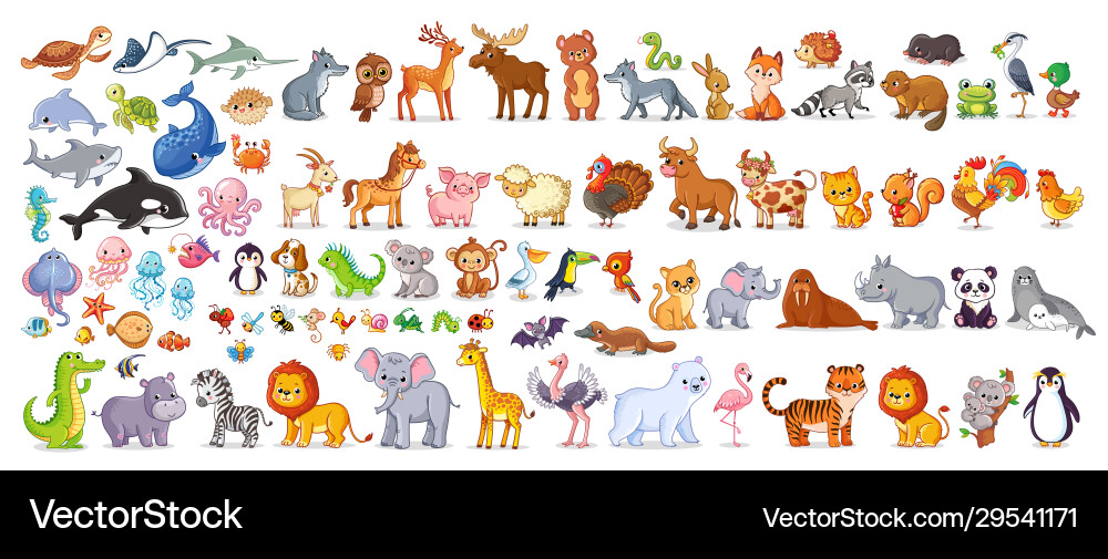 Big set with animals in cartoon style Royalty Free Vector