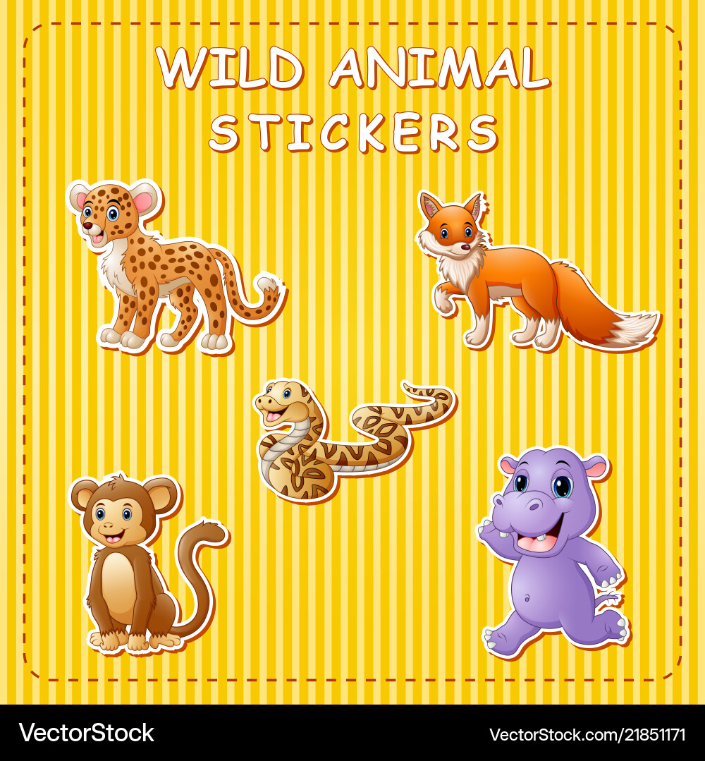 Cute cartoon wild animals on sticker Royalty Free Vector