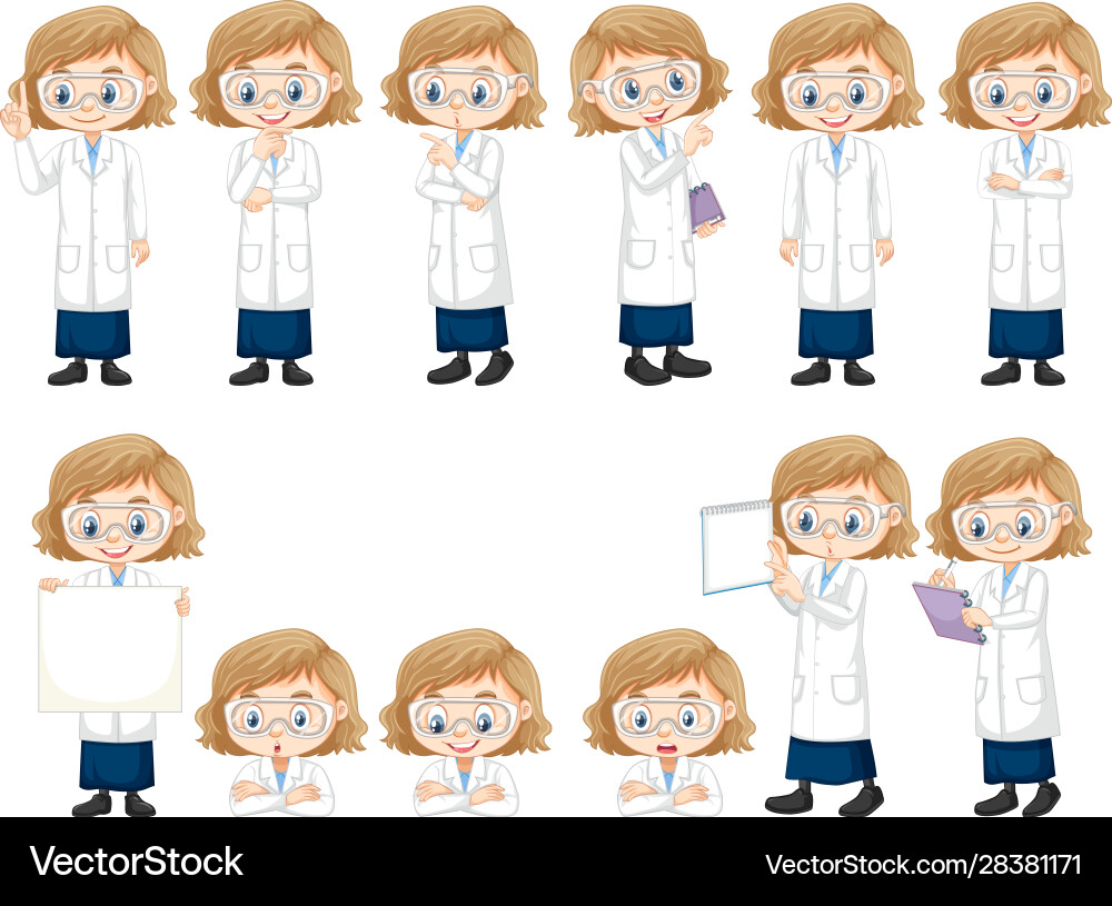 Girl in science gown doing different poses Vector Image
