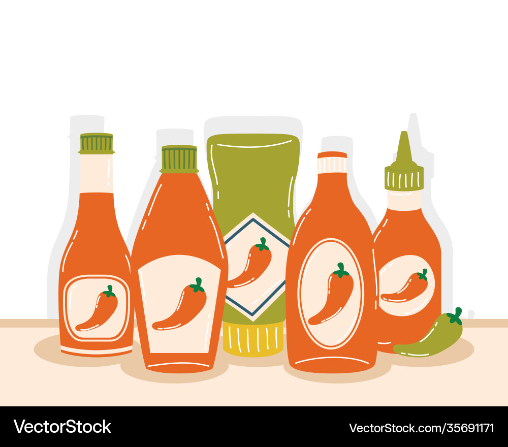 Hot chili pepper sauce bottles design Royalty Free Vector