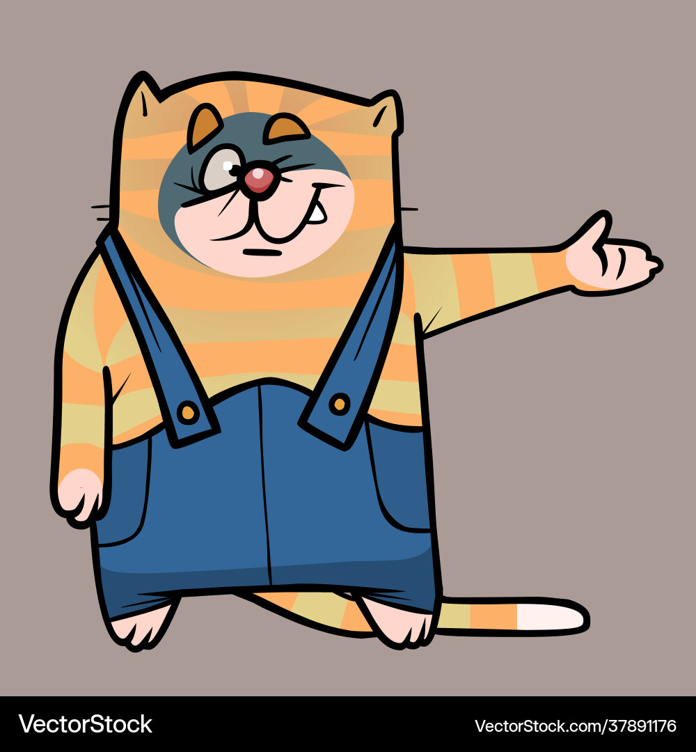 Cartoon cat in costume points his hand Royalty Free Vector