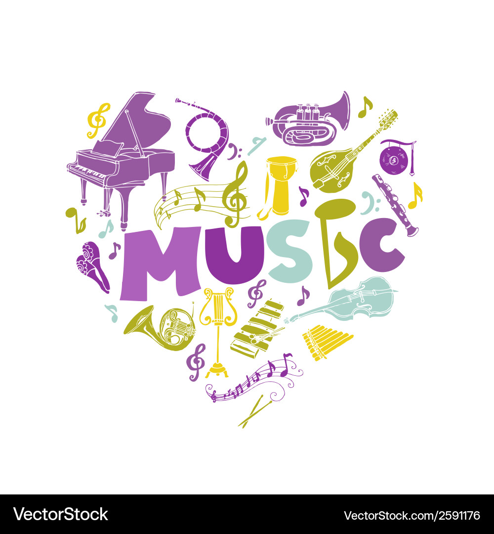 Colorful card with music instruments - hand drawn Vector Image