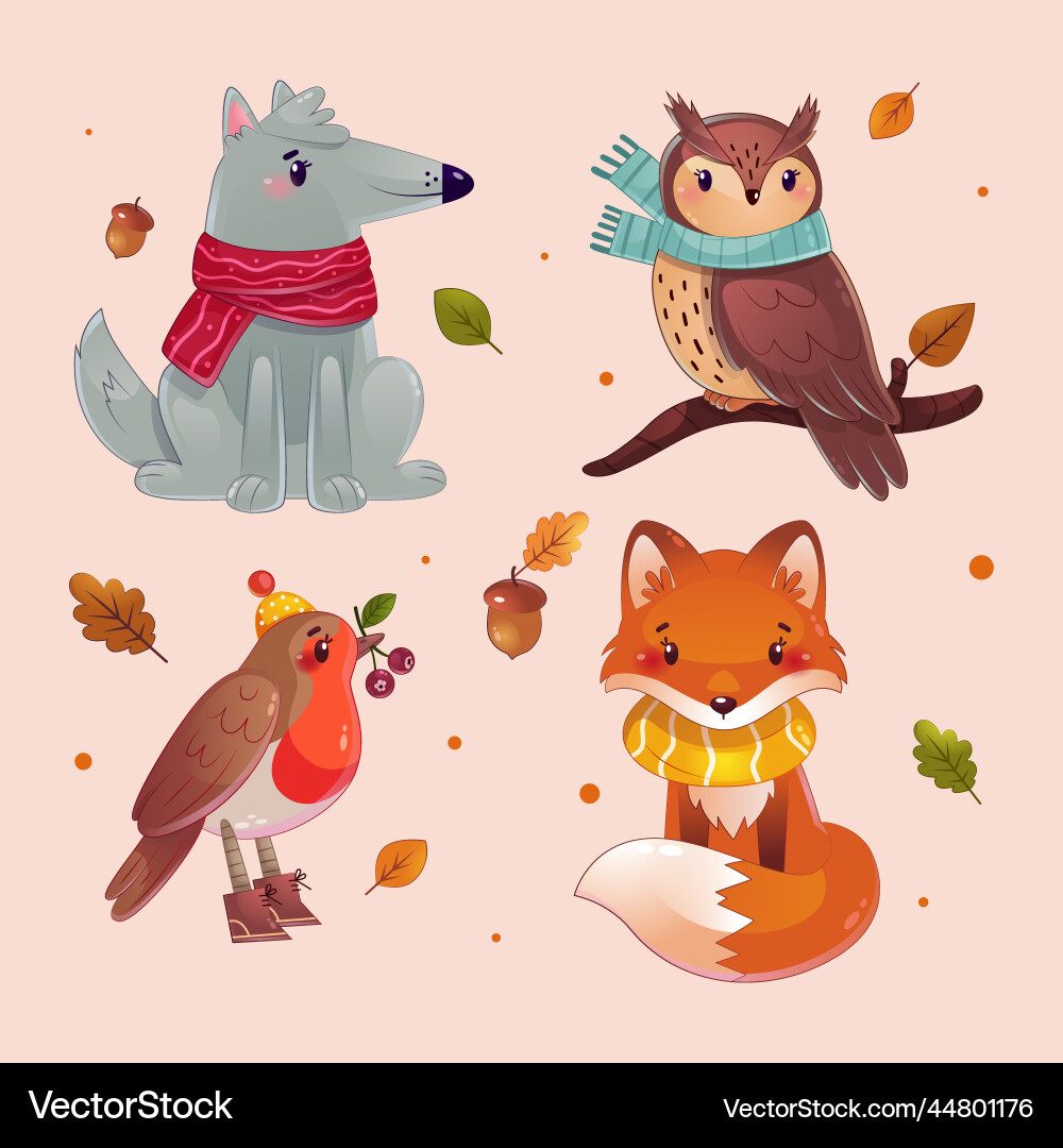 Detailed autumn animals collection design Vector Image