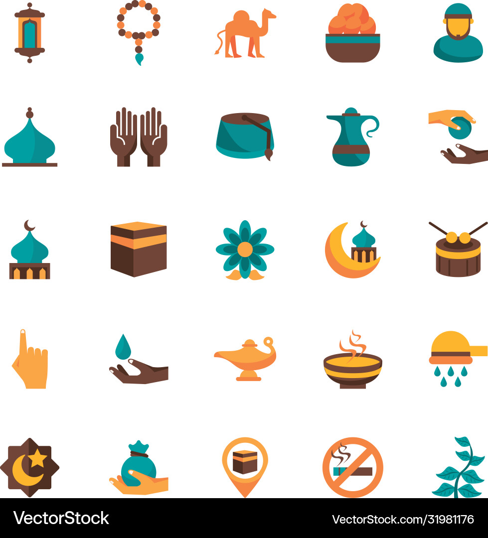 Islam religion set flat style icons Royalty Free Vector