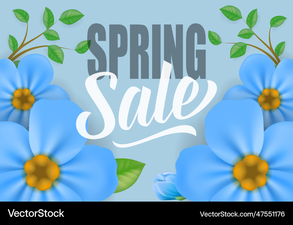 Spring sale flyer design with blue flowers Vector Image