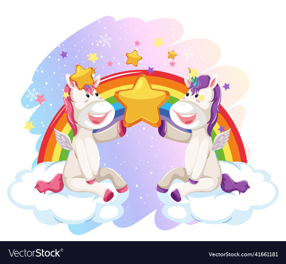 Two unicorns sitting on clouds with rainbow Vector Image