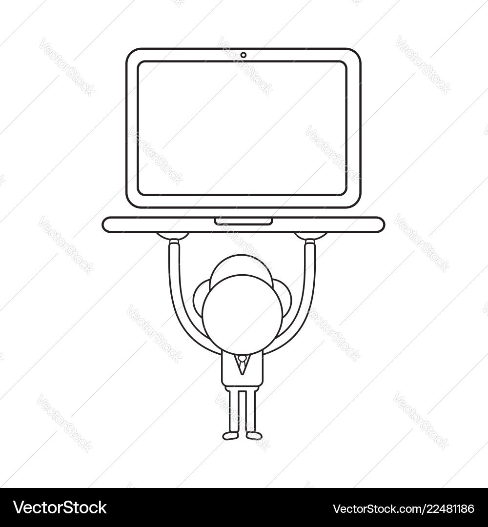 Businessman character holding up laptop computer Vector Image