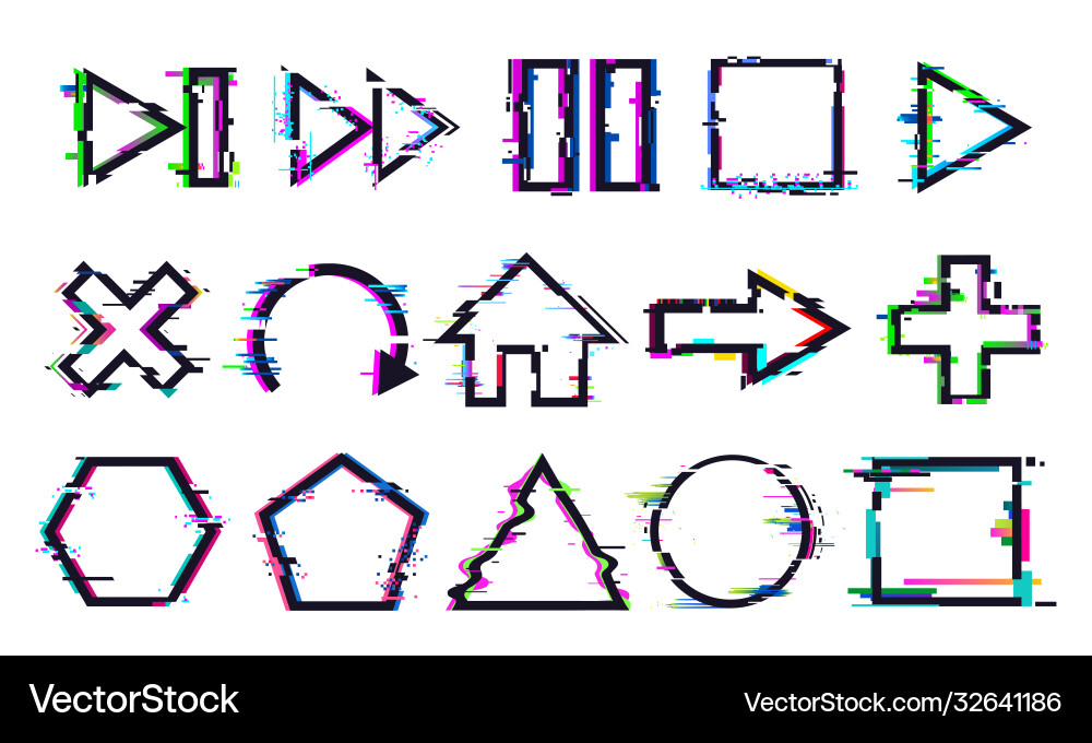 Glitch buttons music and game control icons Vector Image