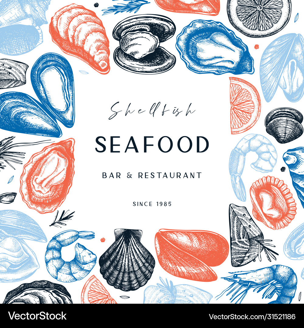 Seafood frame with fresh fish oyster mussel Vector Image