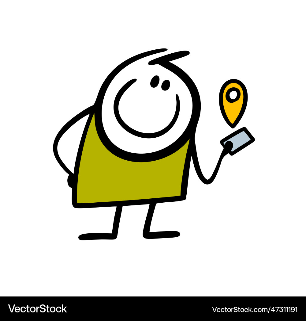 Funny stickman holding smartphone and looking Vector Image