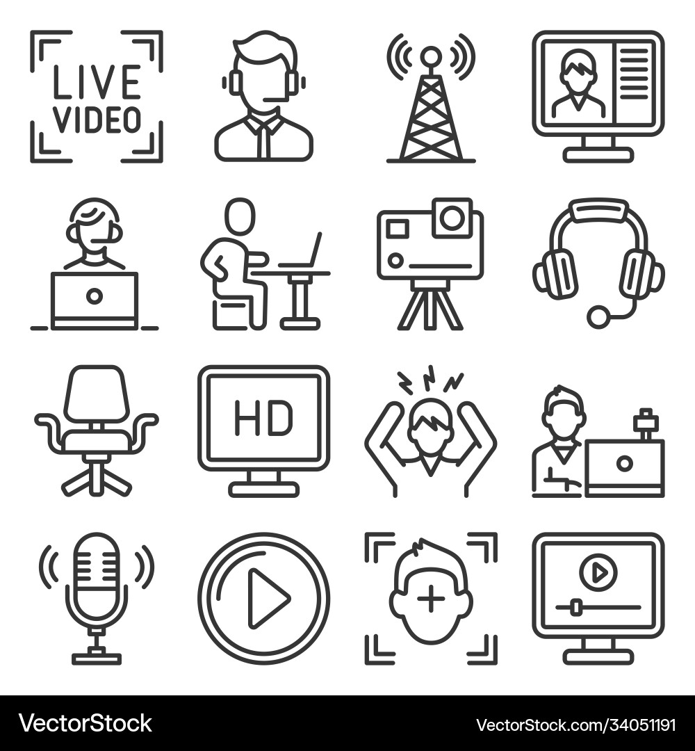 Vlogging video production and stream icons set Vector Image
