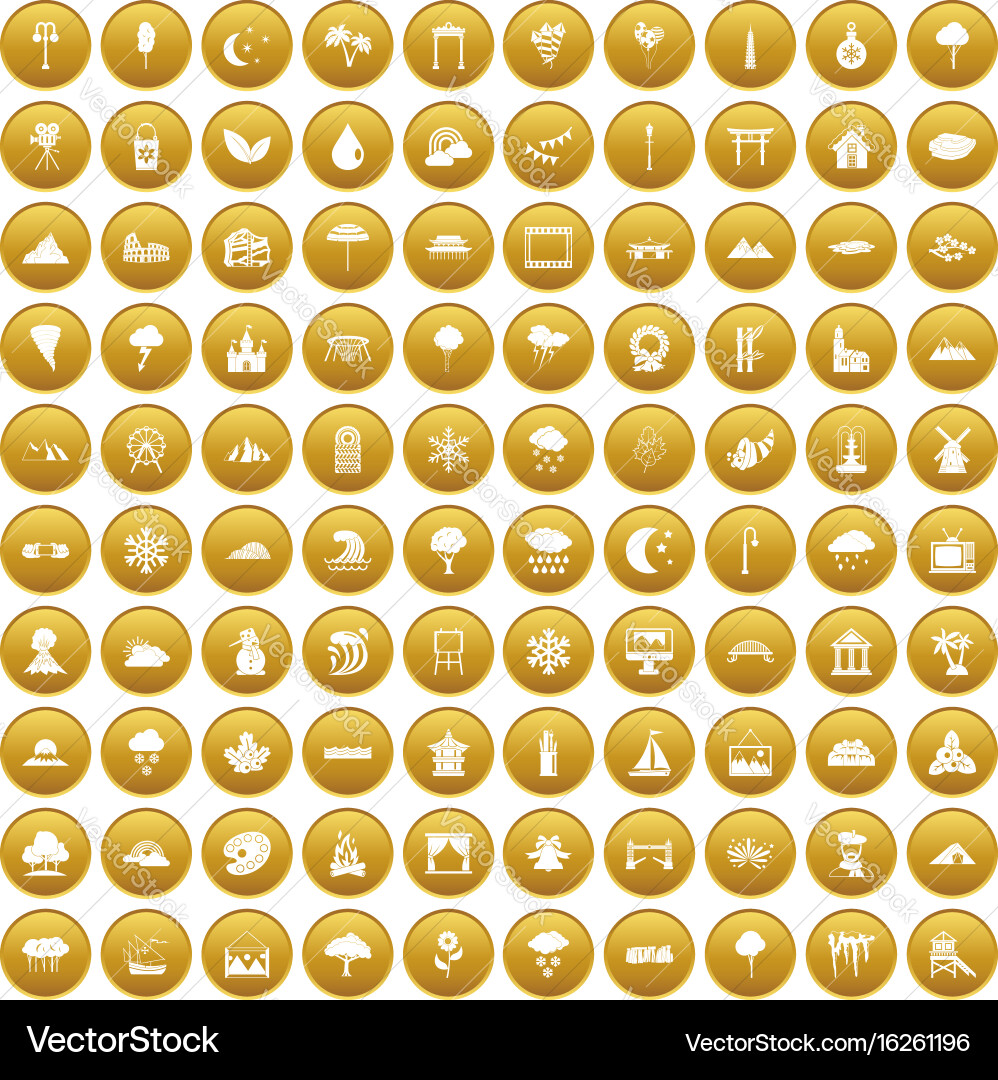 100 scenery icons set gold Royalty Free Vector Image