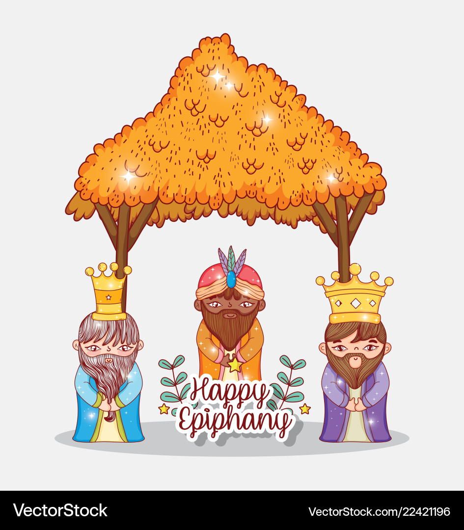Kings wearing crown in the manger with branches Vector Image