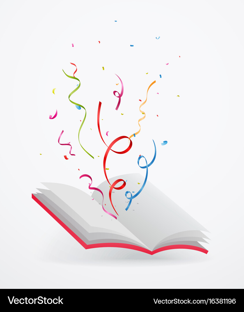 Open book with ribbon and confetti Royalty Free Vector Image