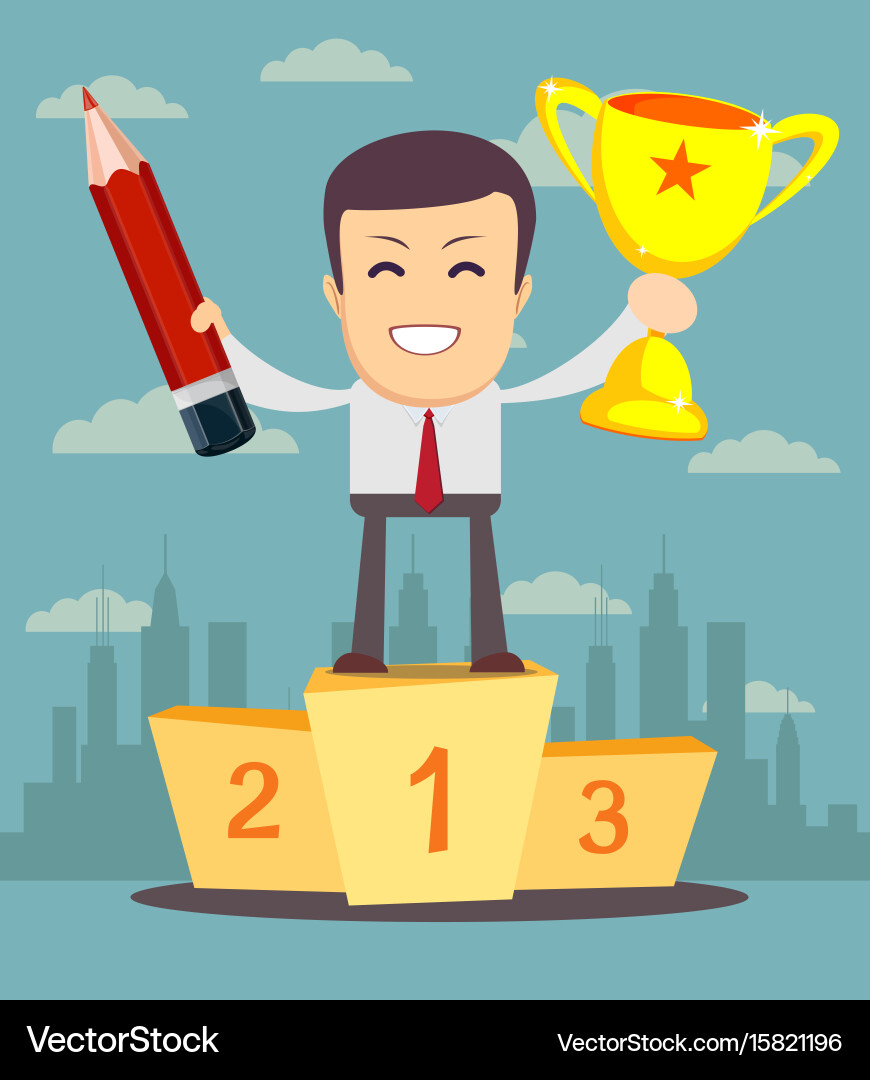 Winner man holding s trophy award Royalty Free Vector Image
