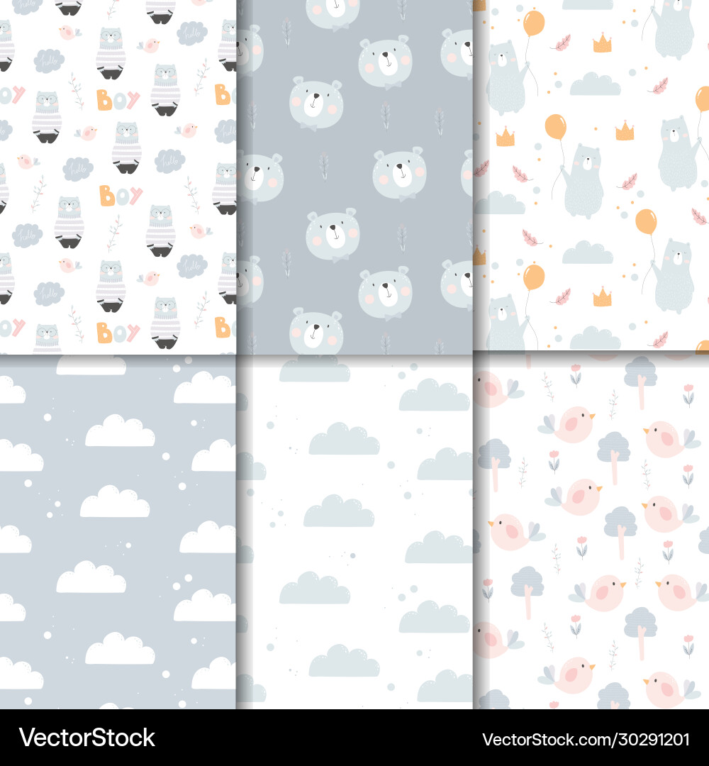 Bear cartoon cute seamless pattern set blue tone f