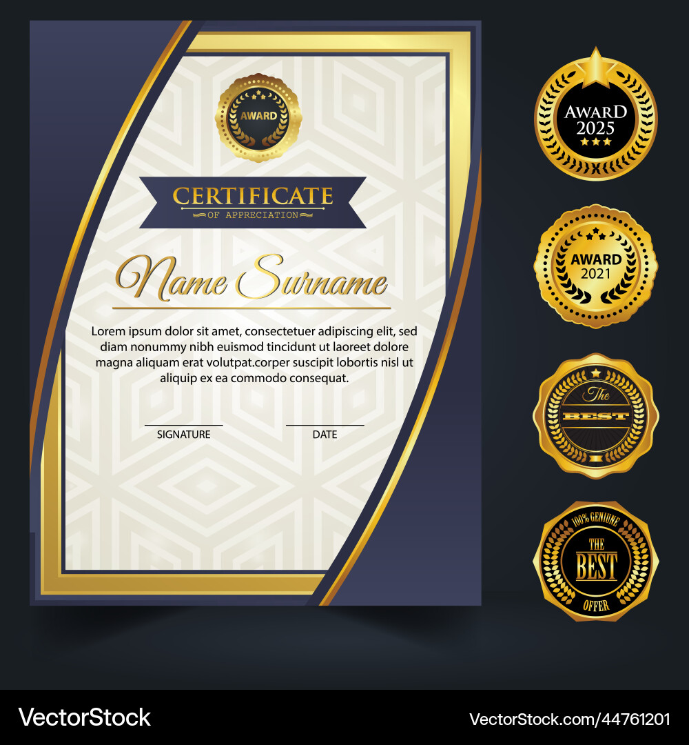 Blue and gold color certificate template design Vector Image