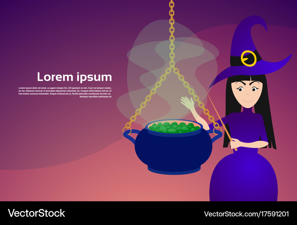 Witch making potion in big pot happy halloween Vector Image
