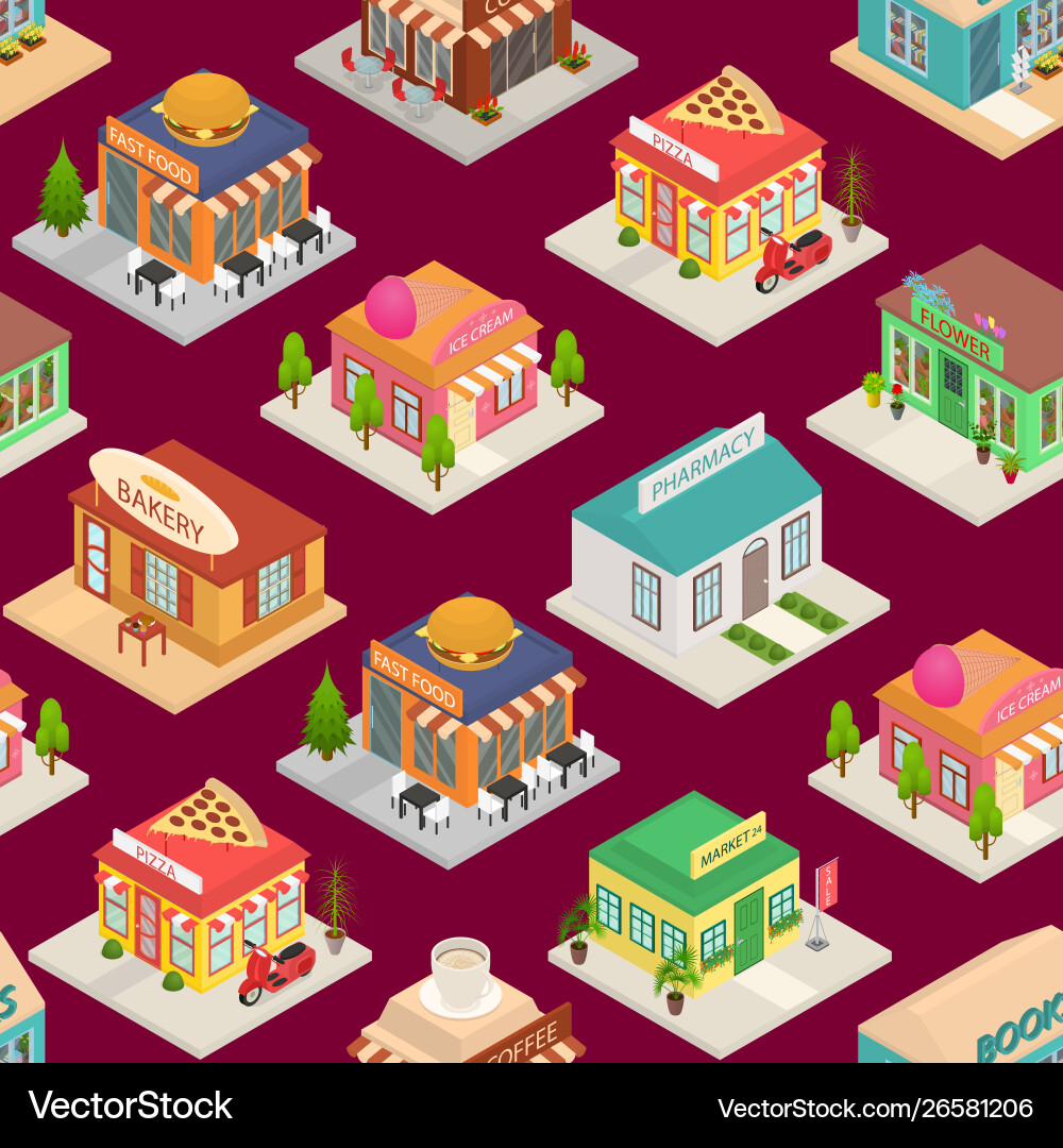 Commercial city shops signs 3d seamless pattern Vector Image