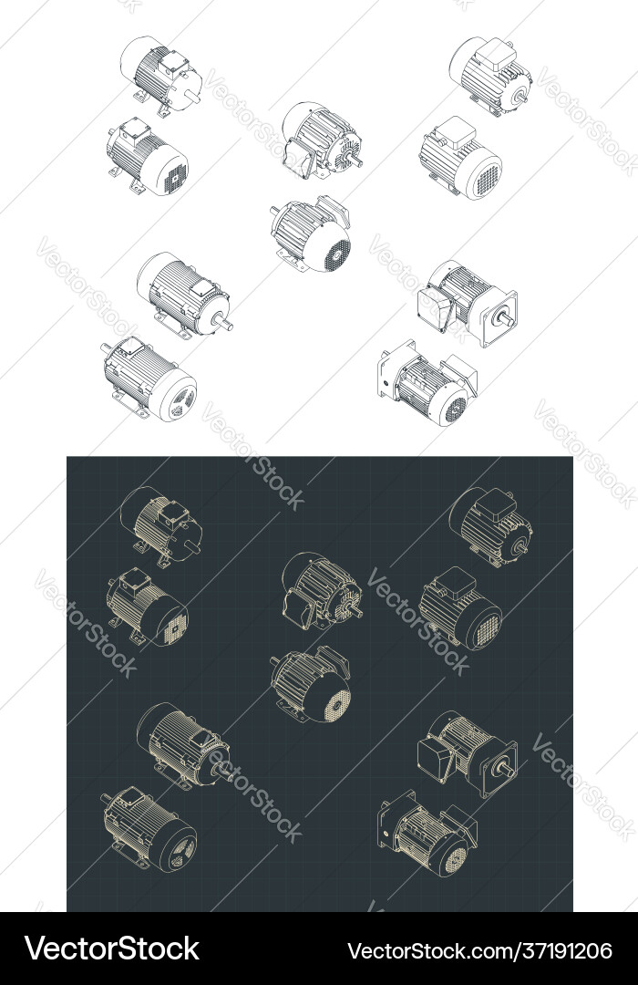 Electric motors isometric drawings Royalty Free Vector Image