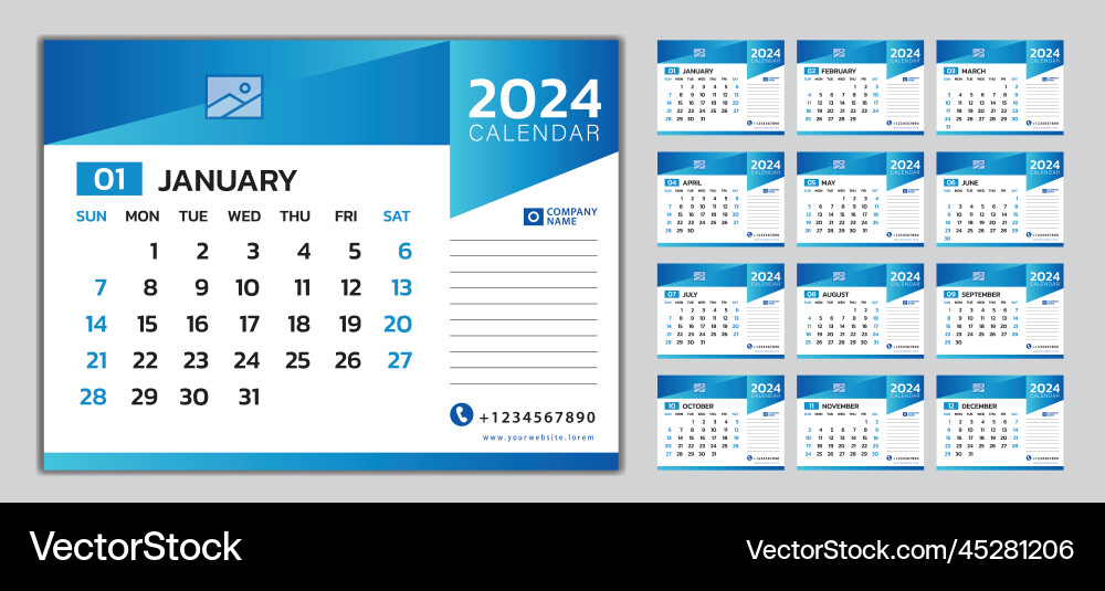 Monthly calendar template for 2024 year Royalty Free Vector