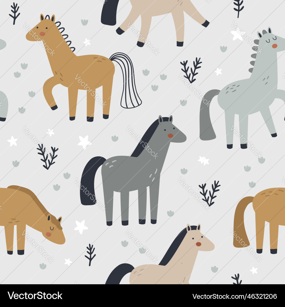 Seamless boho pattern with cute horses Royalty Free Vector