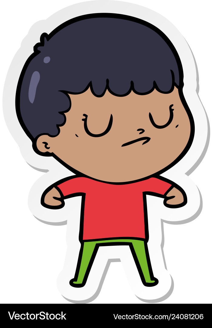 Sticker of a cartoon grumpy boy Royalty Free Vector Image