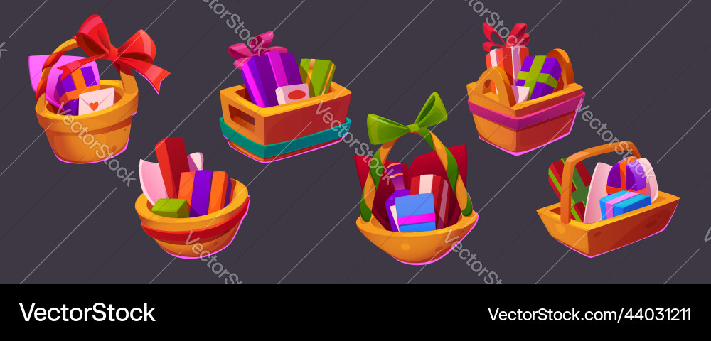 Gift hampers boxes lying in basket with envelopes Vector Image