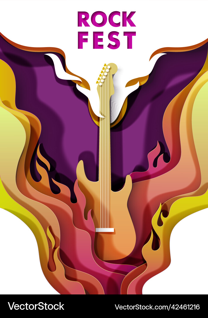 Rock fest poster with guitar on fire Royalty Free Vector