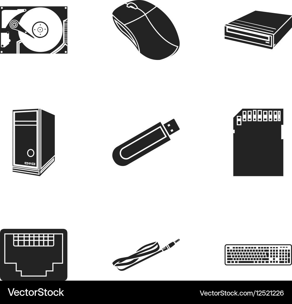 Personal computer set icons in black style big Vector Image