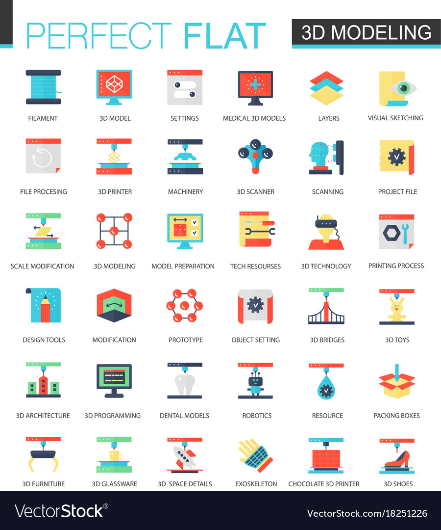 Set of flat 3d printing and modeling icons Vector Image