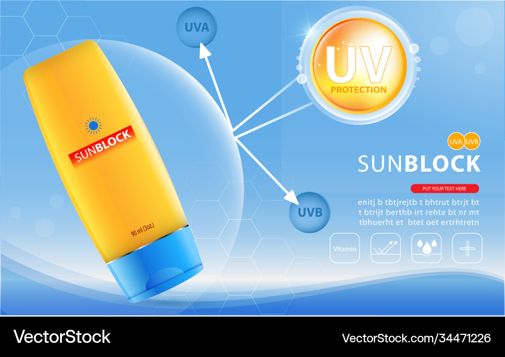 Sunblock ads template sun protection cosmetic Vector Image