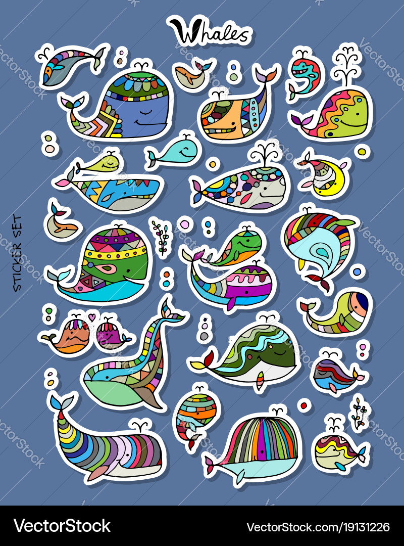 Whales sticker set for your design Royalty Free Vector Image