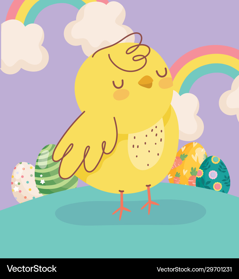 Happy easter little chicken rainbows eggs clouds Vector Image