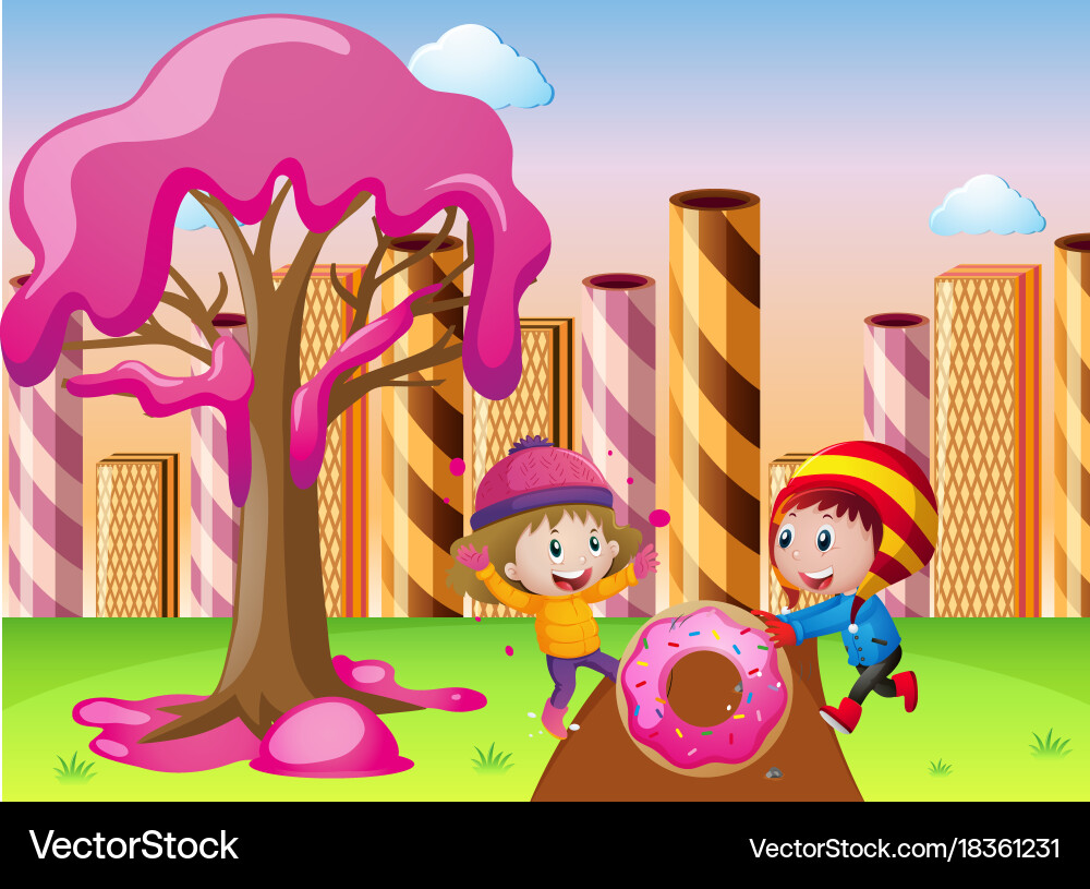Kids playing in candyland Royalty Free Vector Image