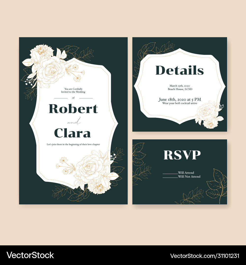 Line flower wedding card design with invitations Vector Image