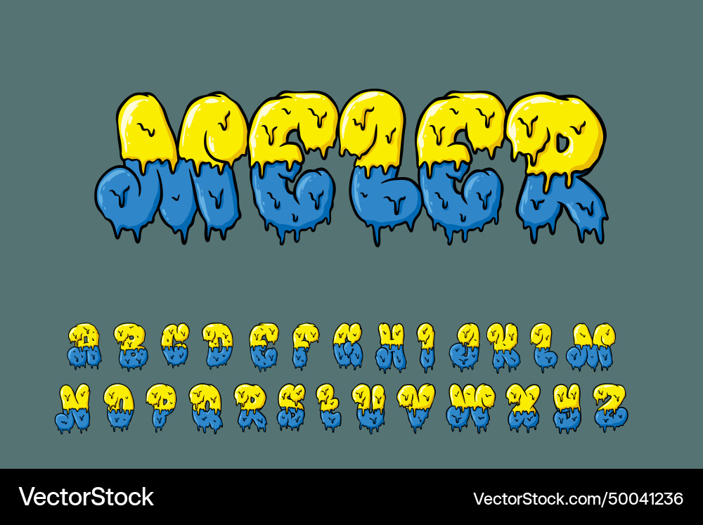 Alphabet yellow blue fat graffiti font type Vector Image