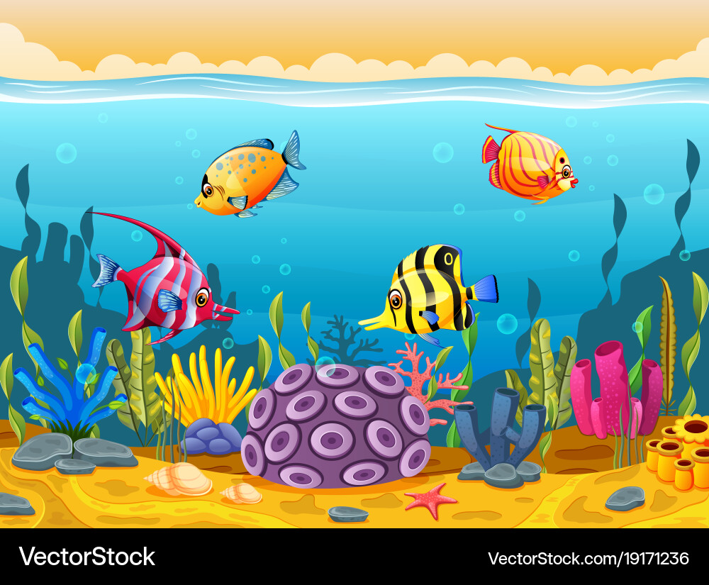 Cute fish cartoon in sea Royalty Free Vector Image