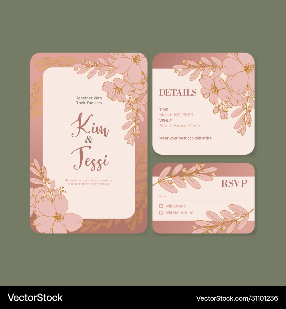 Line flower wedding card design with invitations Vector Image