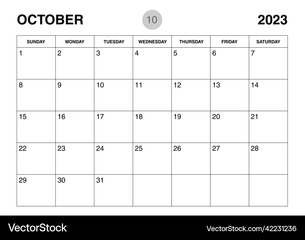 October 2023 year planner-calendar 2023 Royalty Free Vector