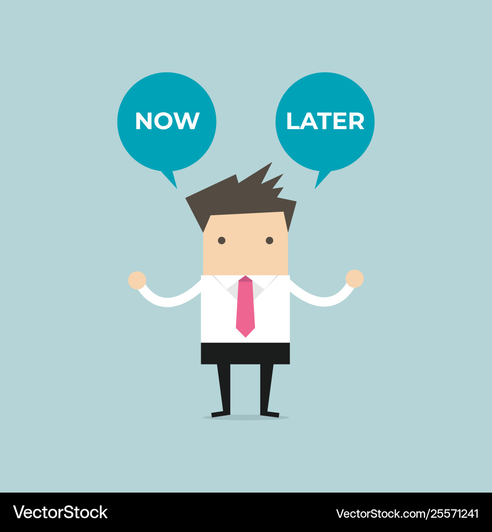 Businessman with now or later balloon text Vector Image