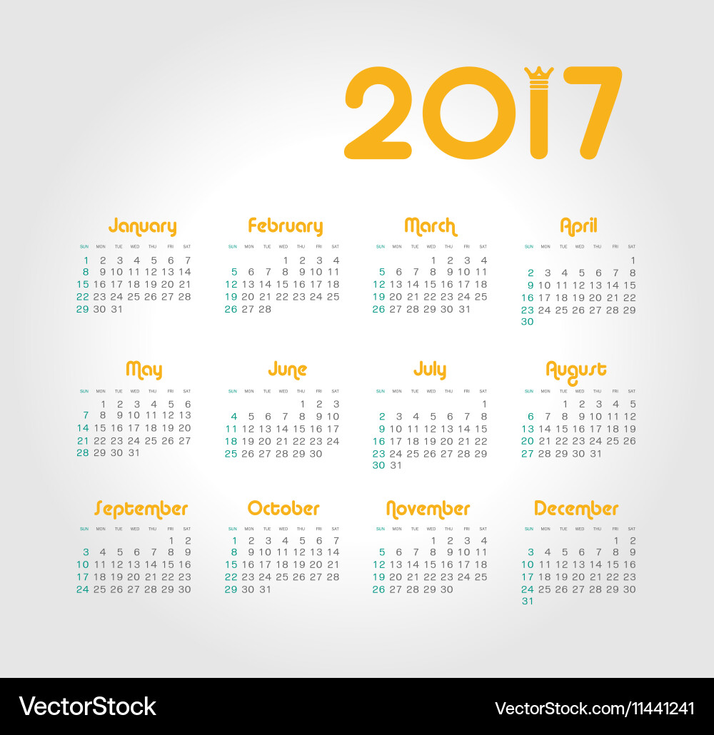 Calendar 2017 year week starts sunday Royalty Free Vector