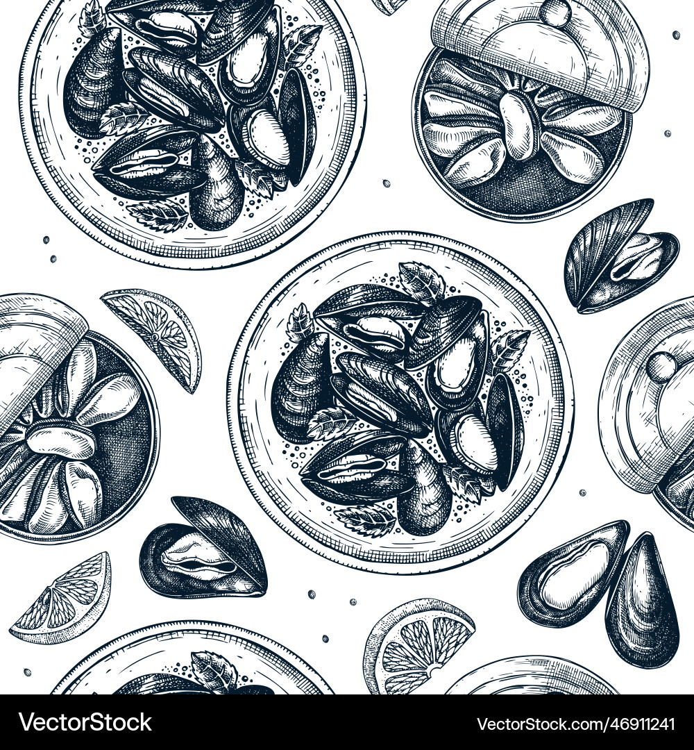 Hand drawn cooked mussels on platter with herbs Vector Image