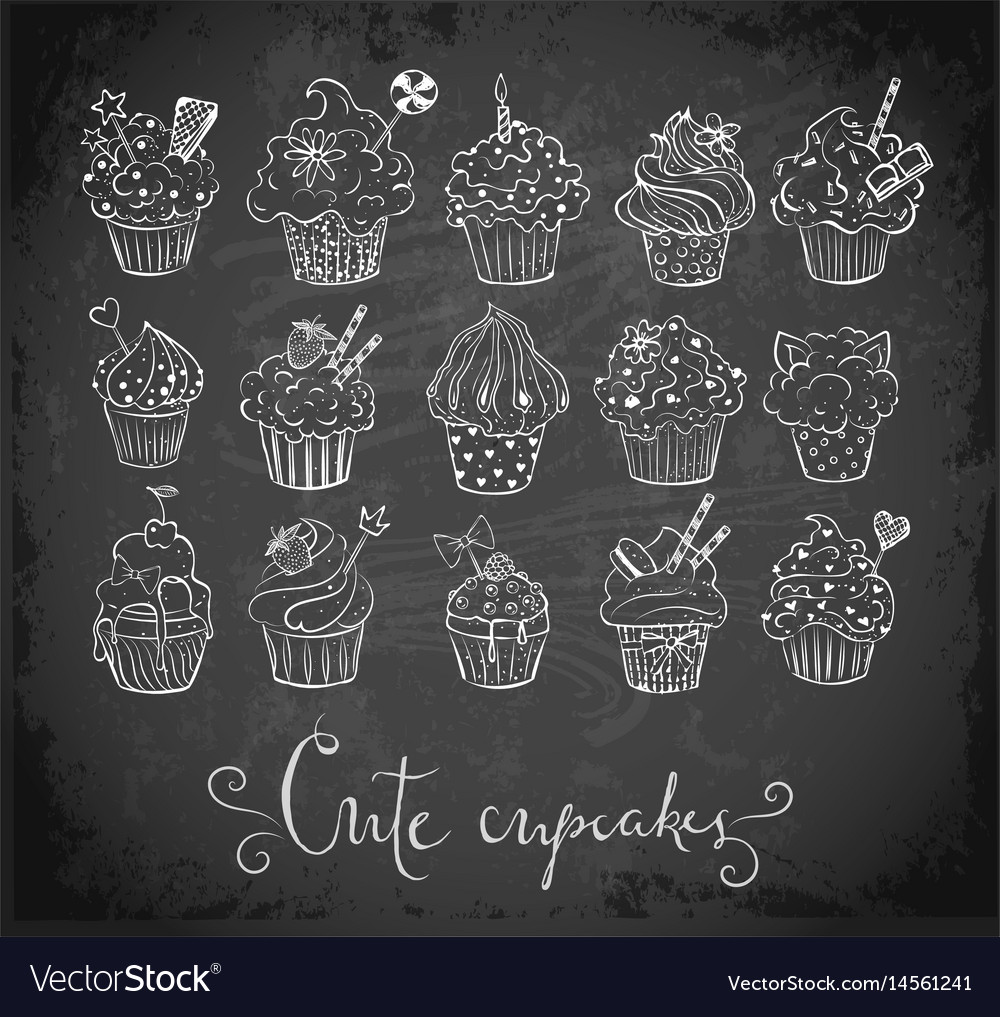 Set of doodle sketch cupcakes with decorations Vector Image