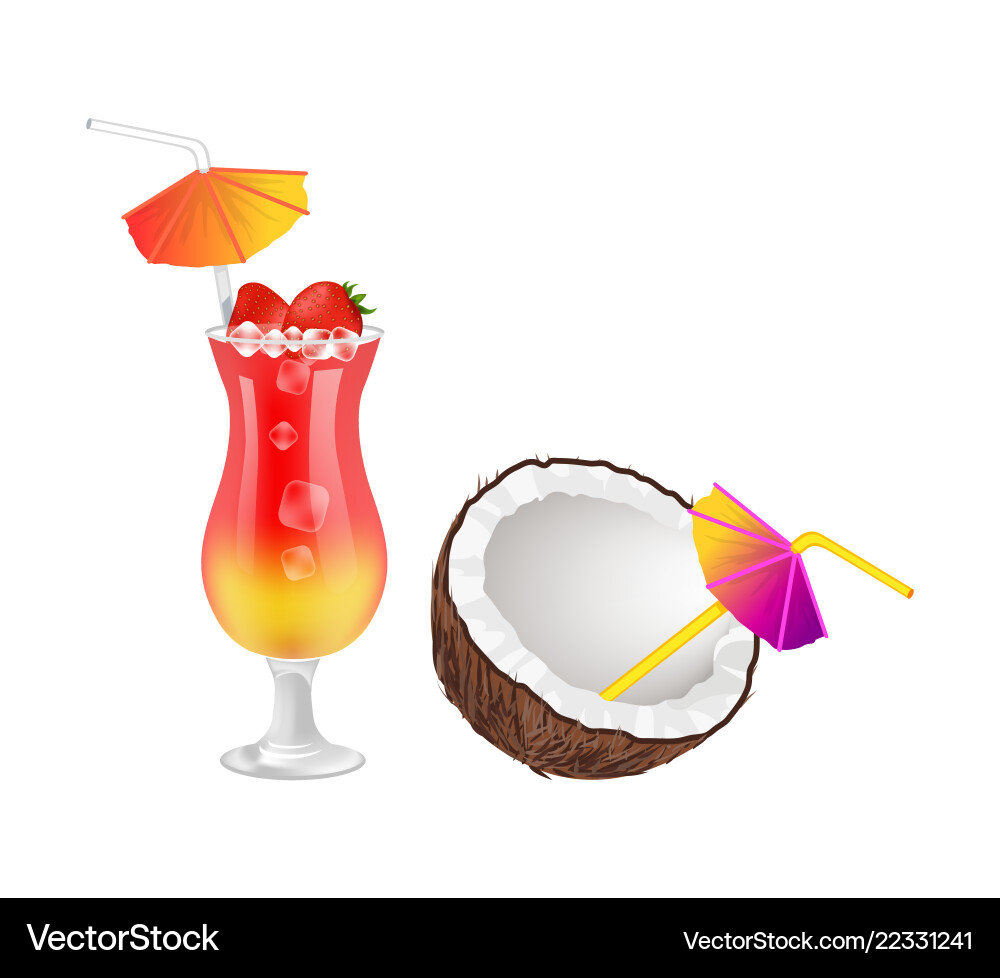 Strawberry cocktail and half coconut with straw Vector Image